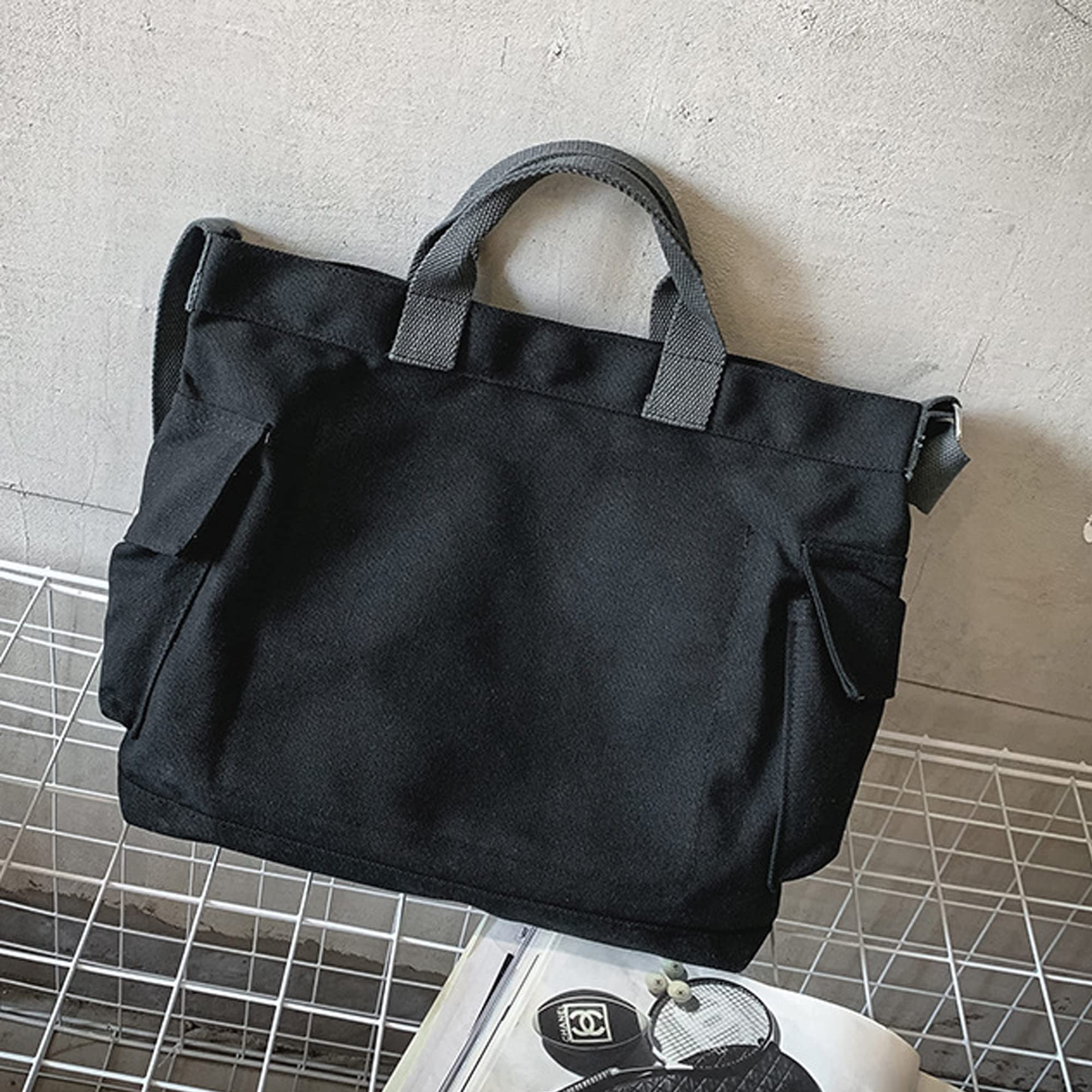 Canvas Multi-Pocket Tote Bag with Shoulder Strap Unisex Women Men Crossbody handBag Personalized Custom Initial 022 (black)
