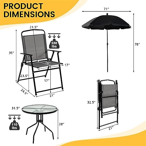 KFJBX 6 PCS Patio Dining Set Folding Chairs Glass Table Tilt Umbrella Garden