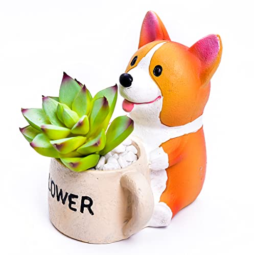 Cute Animal Small Corgi Teacup Shape Flower Pot with Drainer Garden Flower Pot Resin Succulent Potted Bonsai Plant Stand Home Desk Mini Ornaments Without Plants