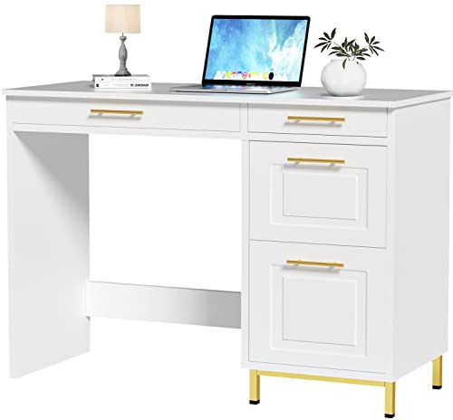 HOMBCK White Desk with Drawers, Modern White and Gold Desk with Drawers, Home Office Desk Small Computer Desk for Bedroom, Vanity Desk with 4 Drawers & Spacious Desktop, White/Gold