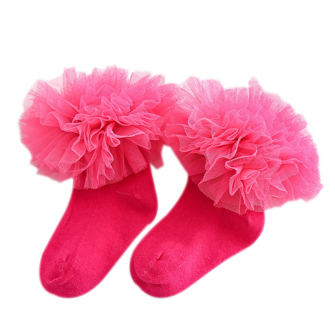 Marlegard Girl Lace Tutu Socks Baby Toddler Girls Eyelet Ruffle Lace Dance Dressy Socks 2-8T (2-4 years, Hot Pink)