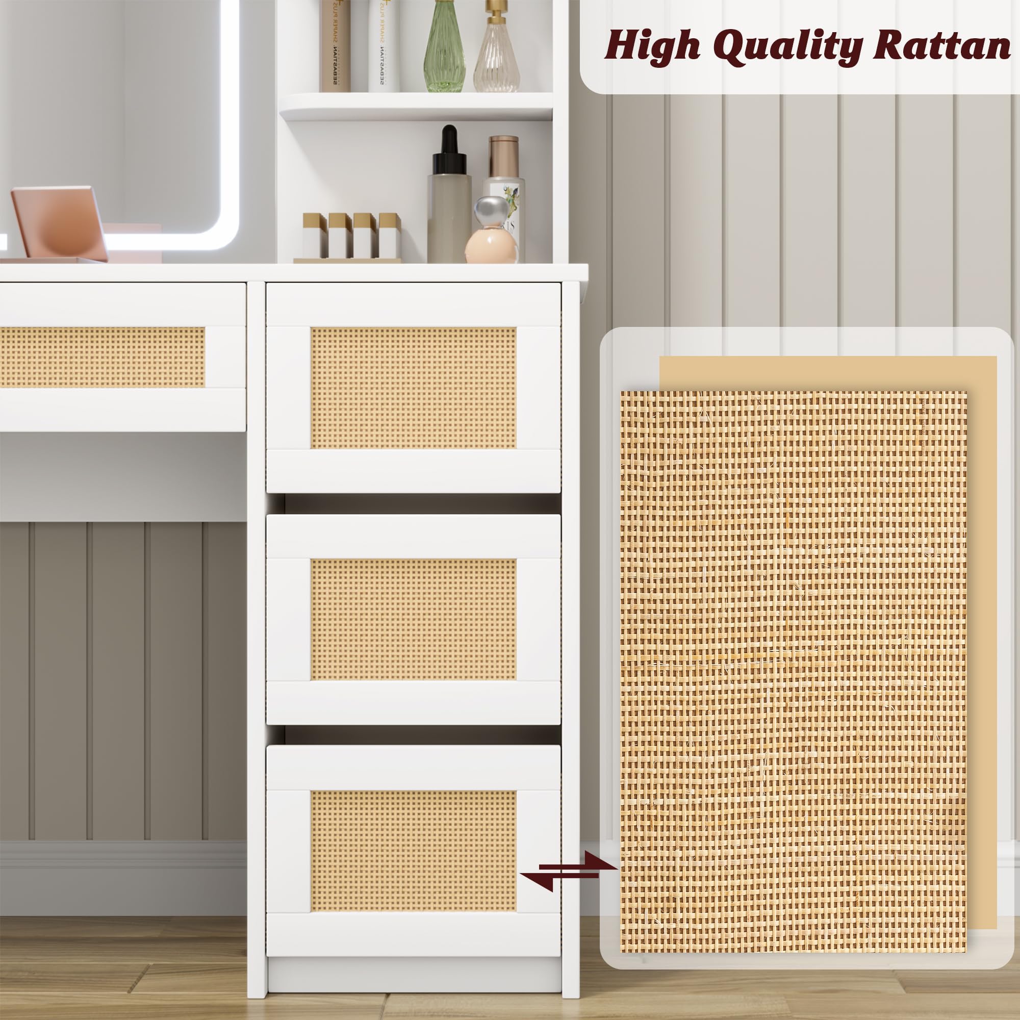 GAOMON Rattan Vanity, Makeup Vanity Desk with Mirror and Adjustable LED Light, Large Storage Space with 4 Drawers and 2 Tiers of Open Shelves for Bedroom in White