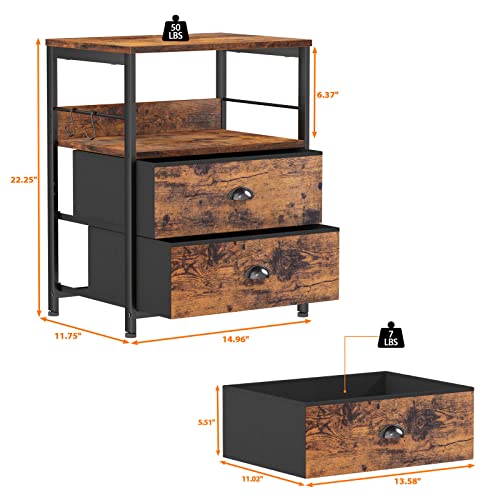 Furologee Nightstands Set 2, Bedside Table with 2 Fabric Drawers, End Table with 2 Hooks, Open Wood Shelf Side Sofa Table for Bedroom/Living Room/Study/Hallway/Rustic Brown