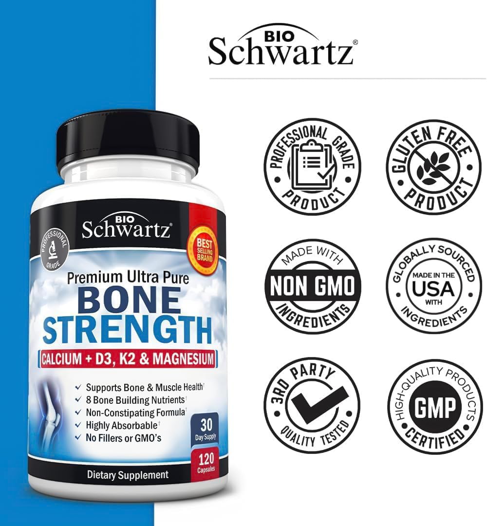 Bone Strength Calcium Supplement - With Calcium, Vitamin D3, K2, C, Magnesium, Zinc - 8 Bone-Building Nutrients, High Absorption, Non-Constipating Formula - 120 Veggie Capsules for Optimal Bone Health