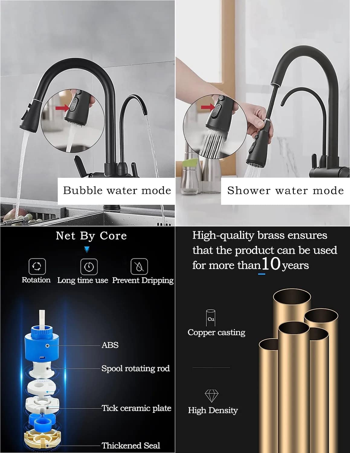 Deck Mounted Black Kitchen Faucets Pull Out Adjustable Cold and Hot Water Filter Tap for Kitchen Three Ways Sink Mixer Kitchen Faucet Brass