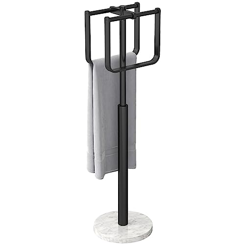 Marble Hand Towel Holder Stand with 2 Hanging Ring for Bathroom Kitchen Countertop, Stainless Steel Free-Standing Towel Rack with Marble Base, Matte Black