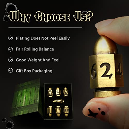 Metal Bullet Dice Set, DND Dice Set Dungeons and Dragons Dice, ZHOORQI D6 Dice Set D&D Dice Gifts for Role Playing Games, Pathfinder, Warhammer 40k or Theme Tabletop Games(7Bullet-Bronze)