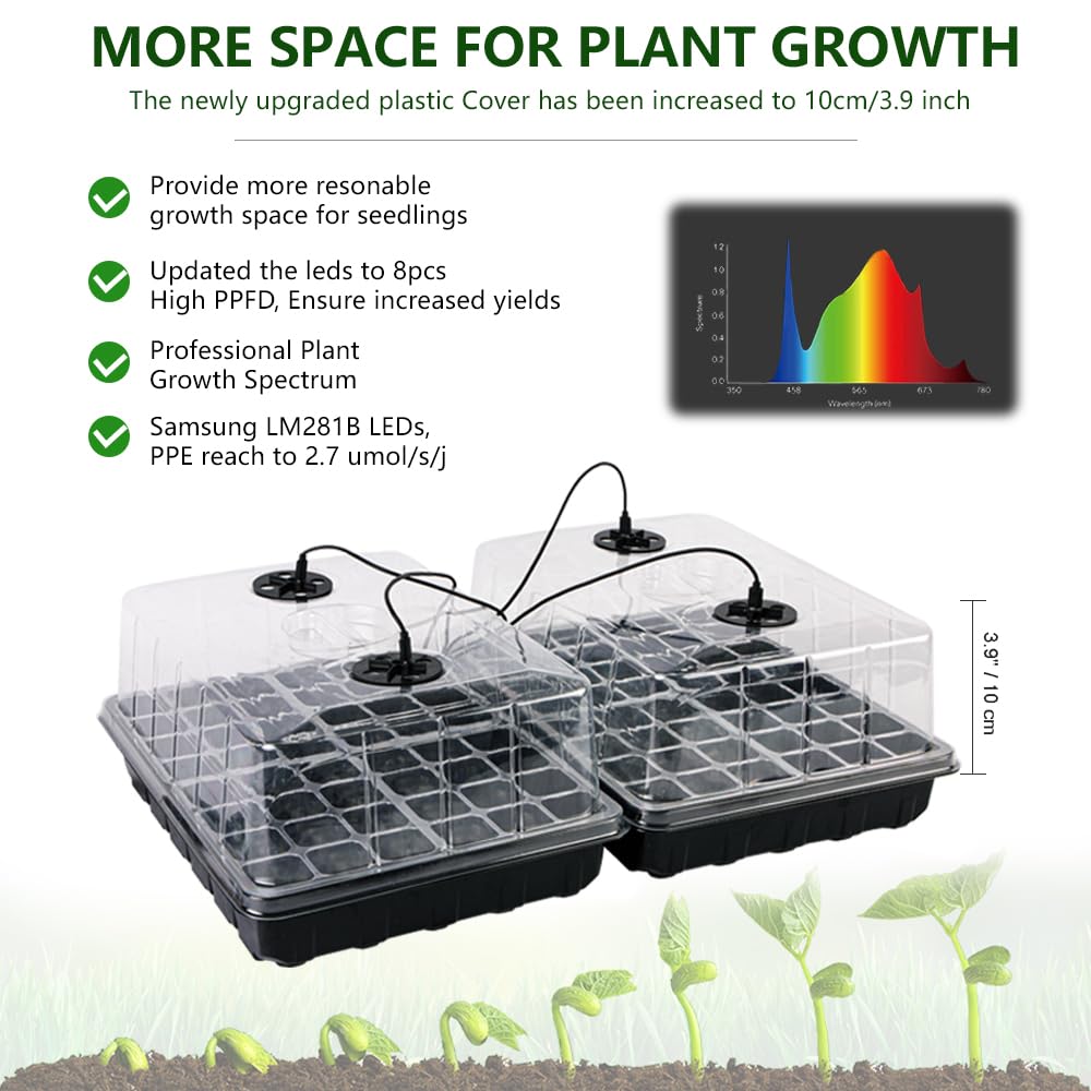 CANNABMALL 2 Packs Seed Starter Tray with Grow Light Samsung LM281B Diodes, Dimmable Seedling Starter Trays, 96 Cells Germination Trays Kit with Humidity Dome for Indoor Gardening Plant Black