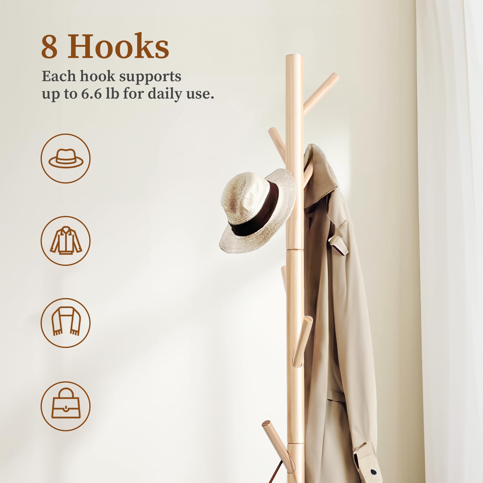 GPYP Wooden Coat Rack Freestanding Adjustable Height modern free standing coat rack tree heavy duty for Hall Way Entryway hanging Clothes Hat Ties Umbrella for Kids (Natural)