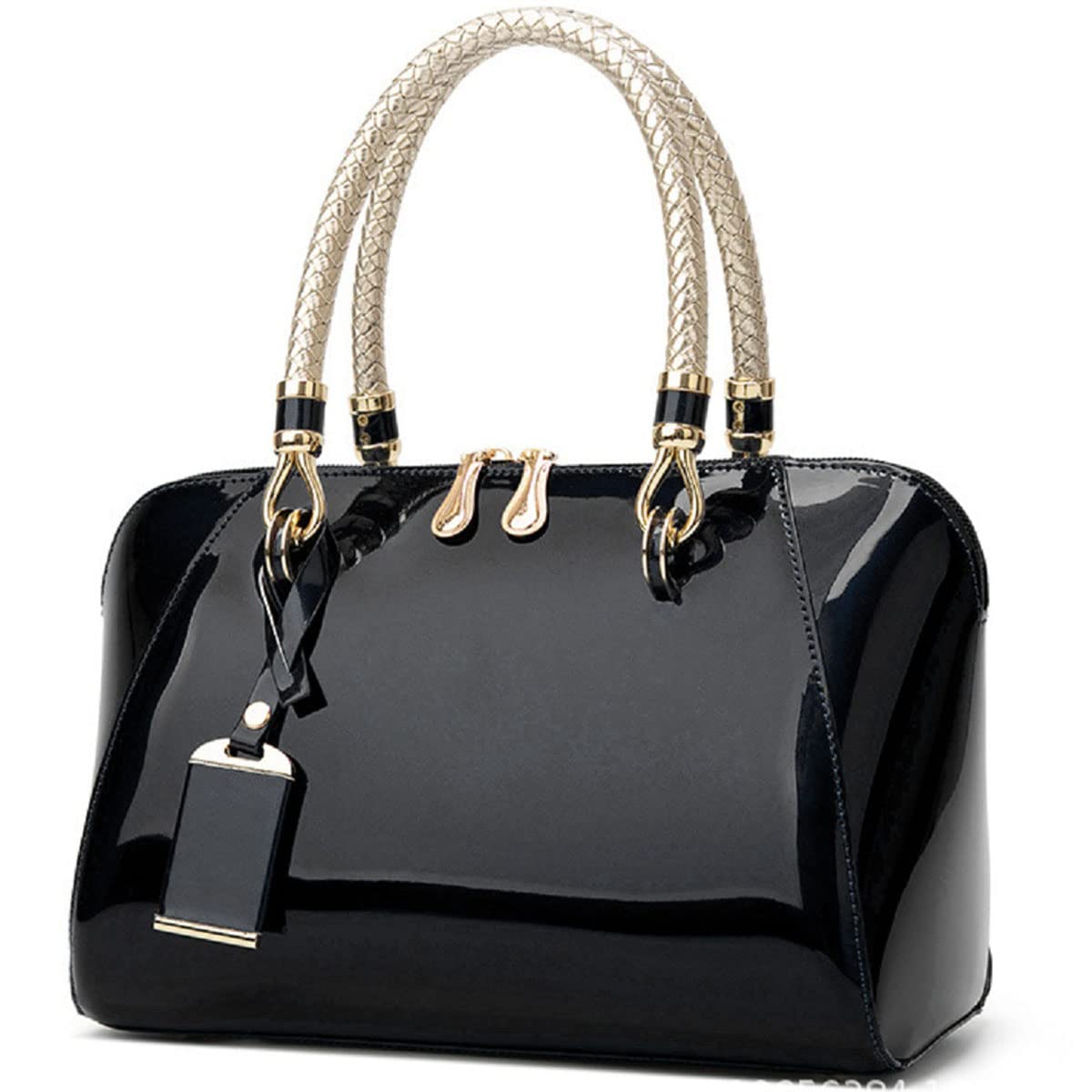 XingChen Shiny Patent Women Faux Leather Handbags Crossbody Bag Top Handle Purse Satchel Bag Shoulder Bag(Black)