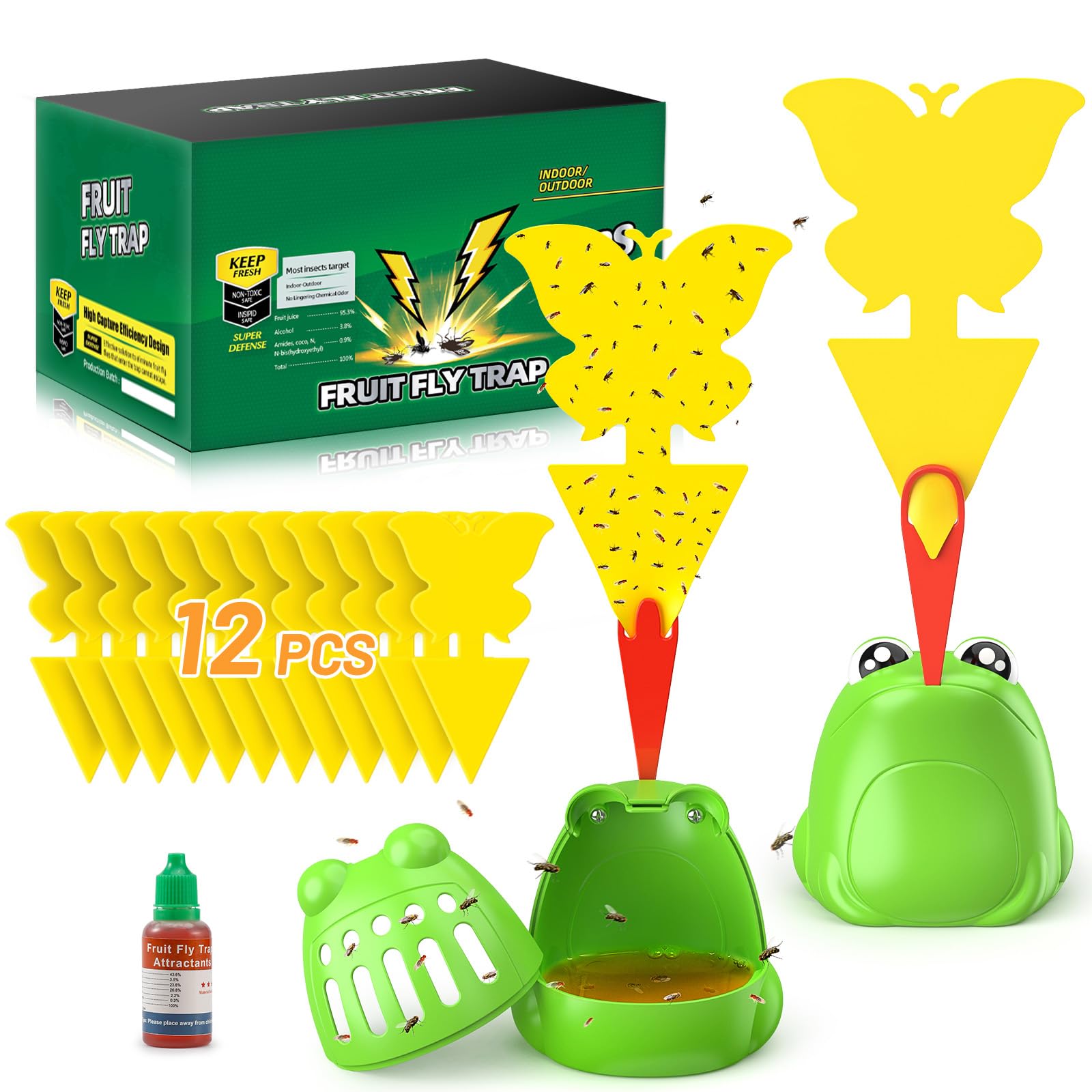 Fruit Fly Traps for Indoors and Outdoors:UWANTME Fruit Fly Killer with 12 Fruit Fly Sticky Traps, Easy to Use and Safe Food-Based Gnat Trap Reusable,2 Pack