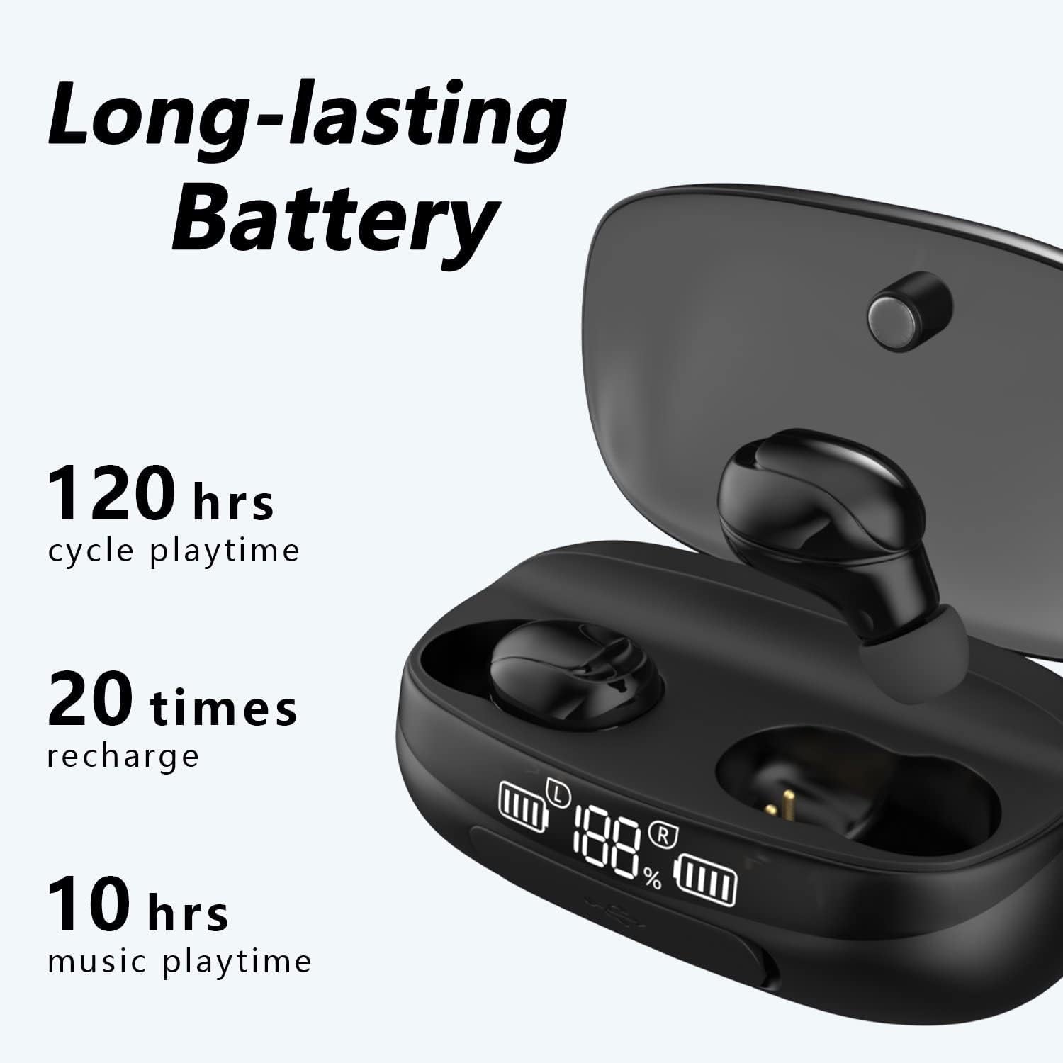 Bluetooth Earphone in-Ear, Wireless Earbuds Touch Control with Microphone, Bluetooth 5.2 Noise Cancelling Headphones, HiFi Stereo, IP67 Waterproof, LED Display Fast Charging Case, for Sport and Work.
