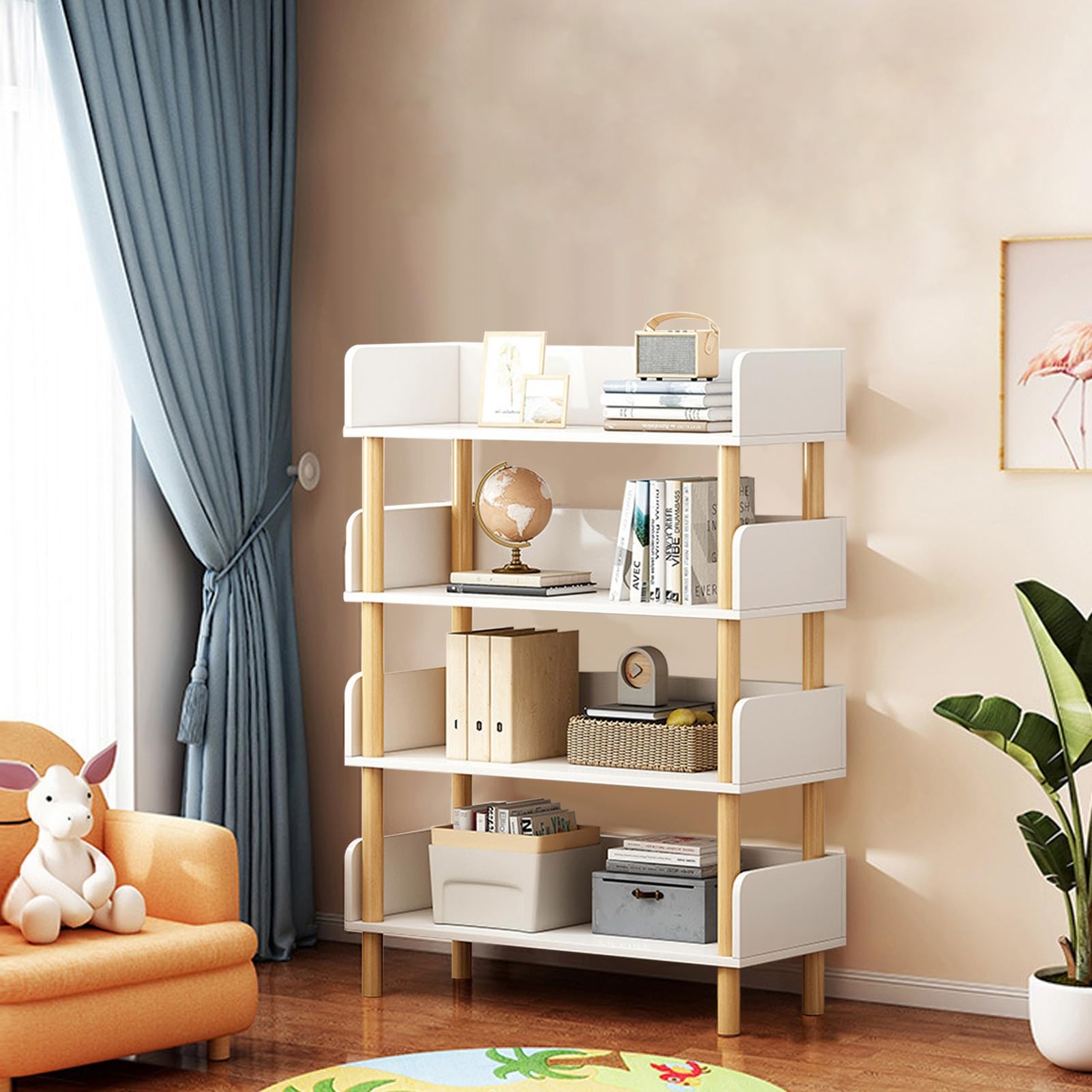 GIFZES 4-Tier Wooden Shelf Bookcase, Modern Freestanding Bookshelf, Small Open Bookcase with Side Panels and Solid Wood Frame, White Bookcase Storage Rack Display Stand for Home and Office Warm White
