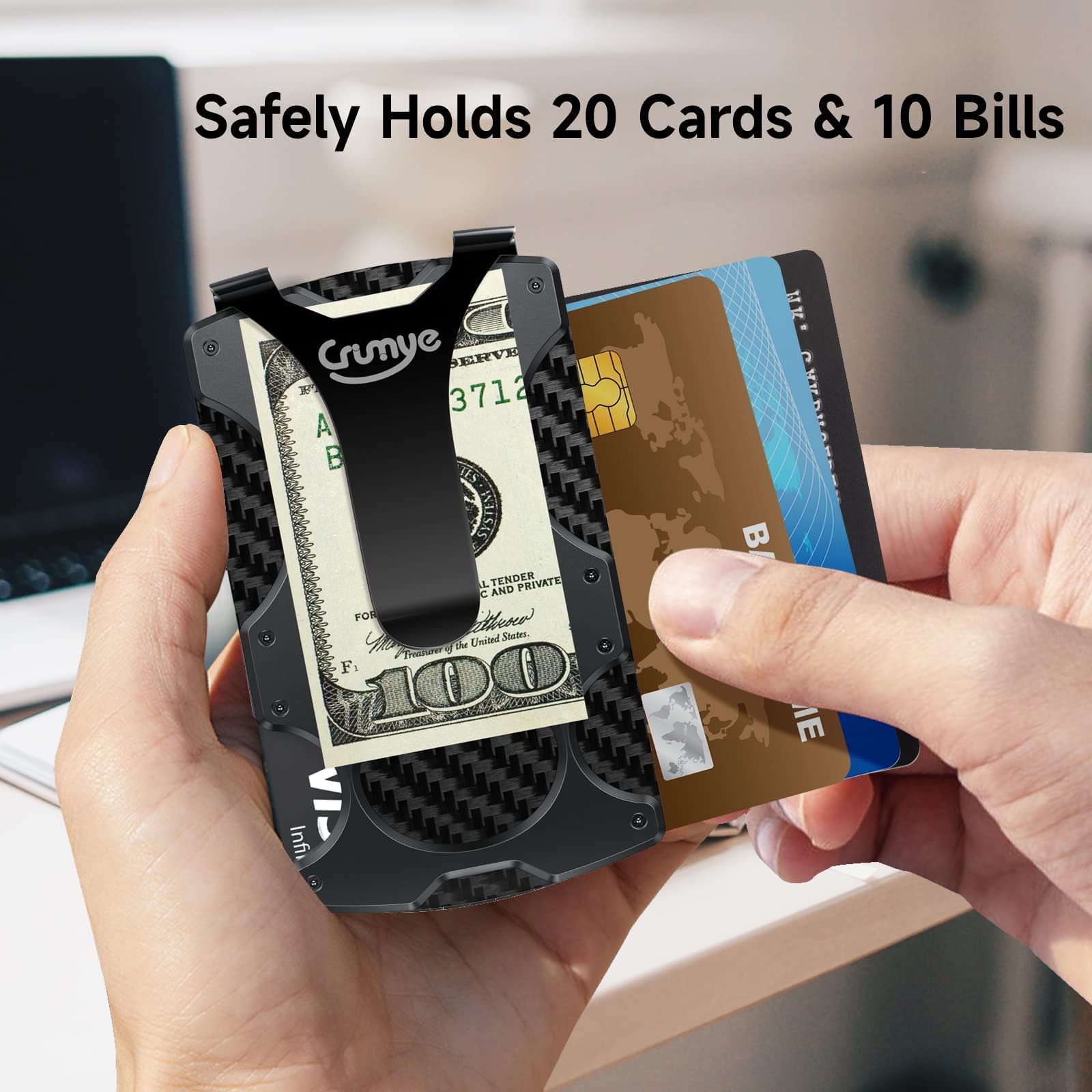 Crumye Metal Wallet,wallet Clip,Tactical Wallet, Carbon Fiber Wallet, Money Clip, RFID Blocking Technology, Holds up to 20 Cards & 10 Bills (Black)