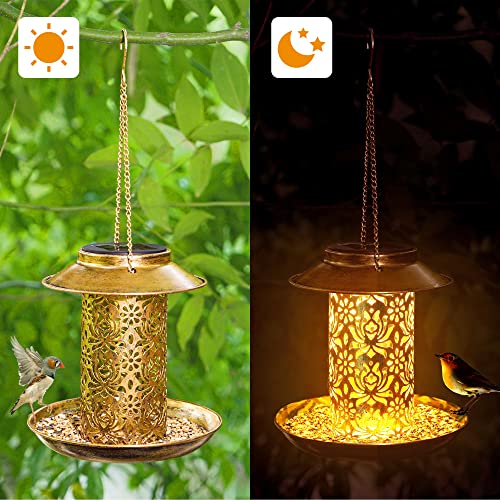 Enhon 2 Pack Solar Bird Feeder for Outdoors Hanging, Metal Wild Bird Feeder for Cardinals, Weather Resistance Solar Backyard Garden Lantern Light Decoration with S Hook as Gift Ideas for Bird Lovers