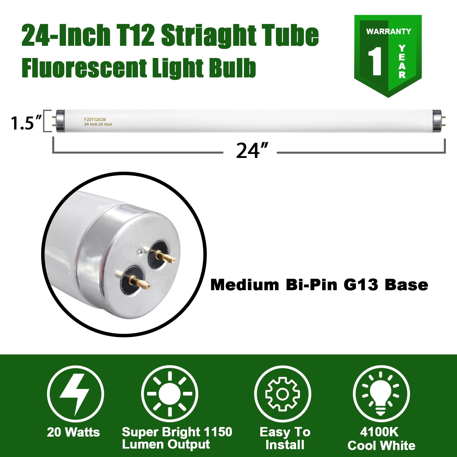 F20T12/CW 20 Watt Light Bulb Cool White, 24 Inch T12 Fluorescent Tube 20W Compatible with Philips Sylvania GE Light Fixture G13 Cap 4 Count