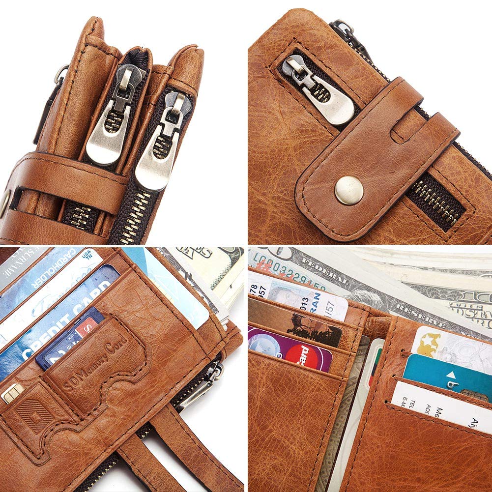 boshiho Real Leather RFID Blocking Bifold Wallets for Men Double Zipper Coin Pocket Purse with Anti-Theft Chain (Khaki)