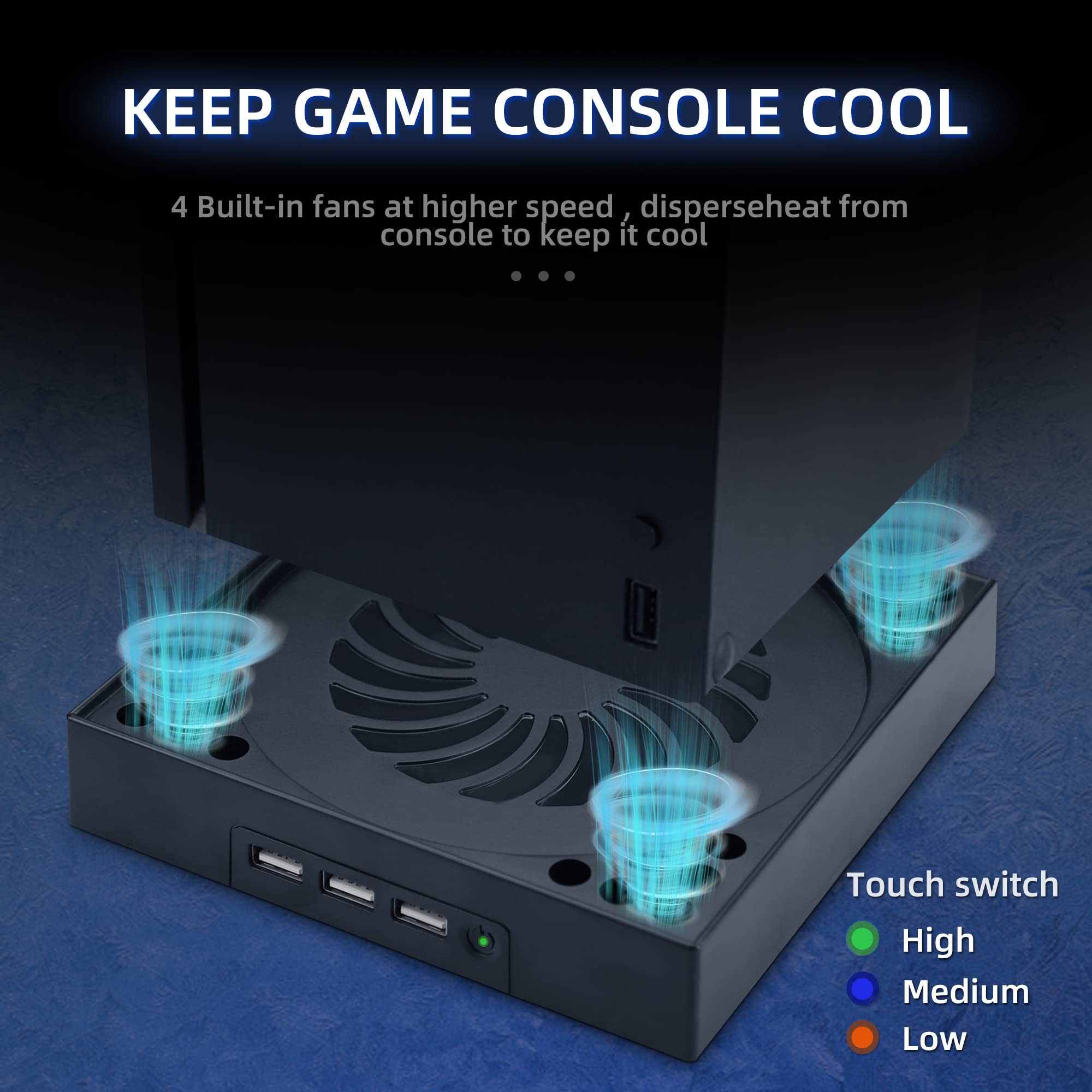 Cooling Fan Stand for Xbox Series X, Dual Purpose Cooler System Dock Station with 3 USB Port and LED Light Indicator 3 Level Adjustable Speed