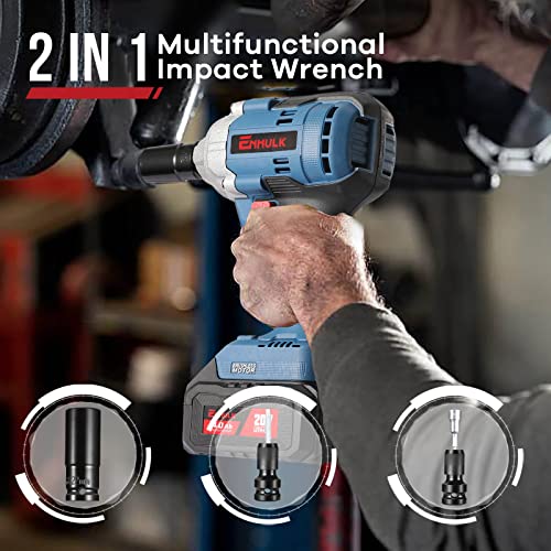 Enhulk Cordless Impact Wrench 1/2, 1/2 Impact Gun Brushless w/Max Torque 300 ft-lbs (400N.m), 20V Electric Impact Wrench with 4.0Ah Battery&Charger, Reverse Brake Stop, Variable Speed, for car repairs
