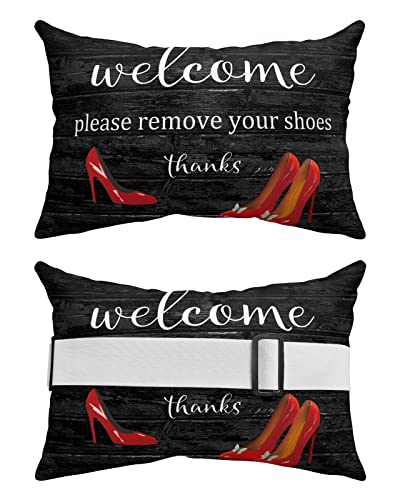 Outdoor Pillow for Chaise Lounge Chair, Red High Heels Black Retro Wood Grain Waterproof Headrest Pillow Lumbar Pillows with Adjustable Elastic Strap for Beach, Poolside, Patio, Office (2 Pack)