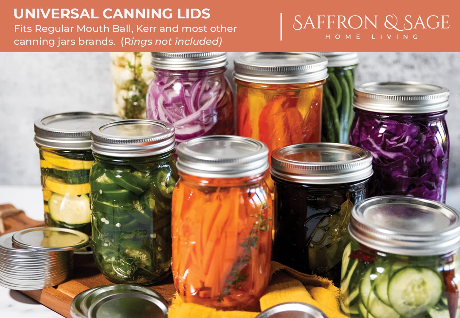 Saffron & Sage Canning Lids Regular Mouth - 120 Count Quality Universal Lids for Ball, Kerr Mason Jars - Good Sealing Performance for a Tight Seal, Food Grade, Rust Proof, and Thick to Prevent Warping