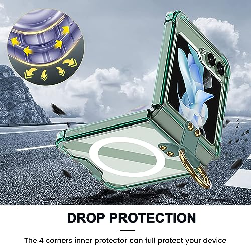 NINKI Compatible Samsung Galaxy Z Flip 5 Case Clear with Ring,4 Corners Heavy Duty Shockproof Samsung Z Flip 5 Case Rugged Slim Silicone Wireless Cover Phone Case for Galaxy Z Flip 5 Case 5G (Green)