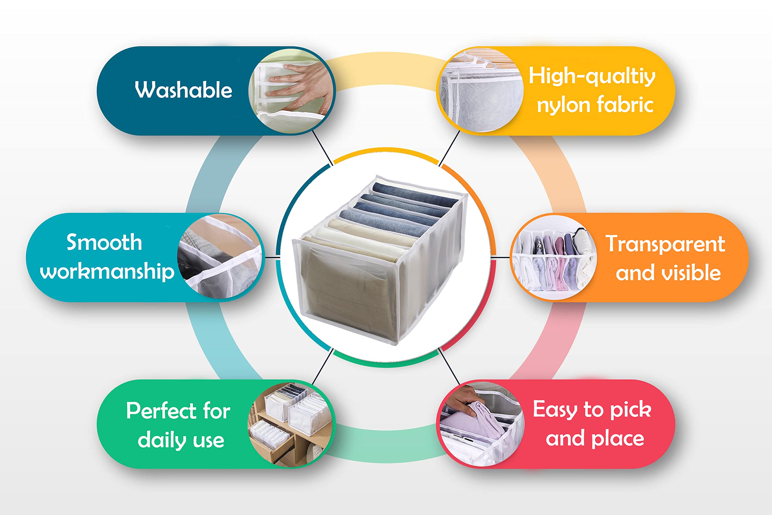wardrobe clothes organizer | (2PCS) 7 Grids Foldable Visible closet organizers and storage | Portable Storage Containers for T-shirt, Legging, Skirts, Jeans, Kid Clothes |Washable drawer organizers for clothing storage (White)