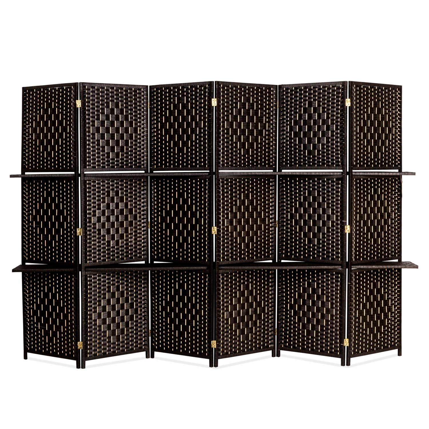 Bonnlo Upgraded Heavy Duty 6FT Tall Rattan Room Divider Screens with Partition Wall 2 Display Shelves, Indoor Folding Screen Dual-Sided Hinges for Home Office (6 Panels)