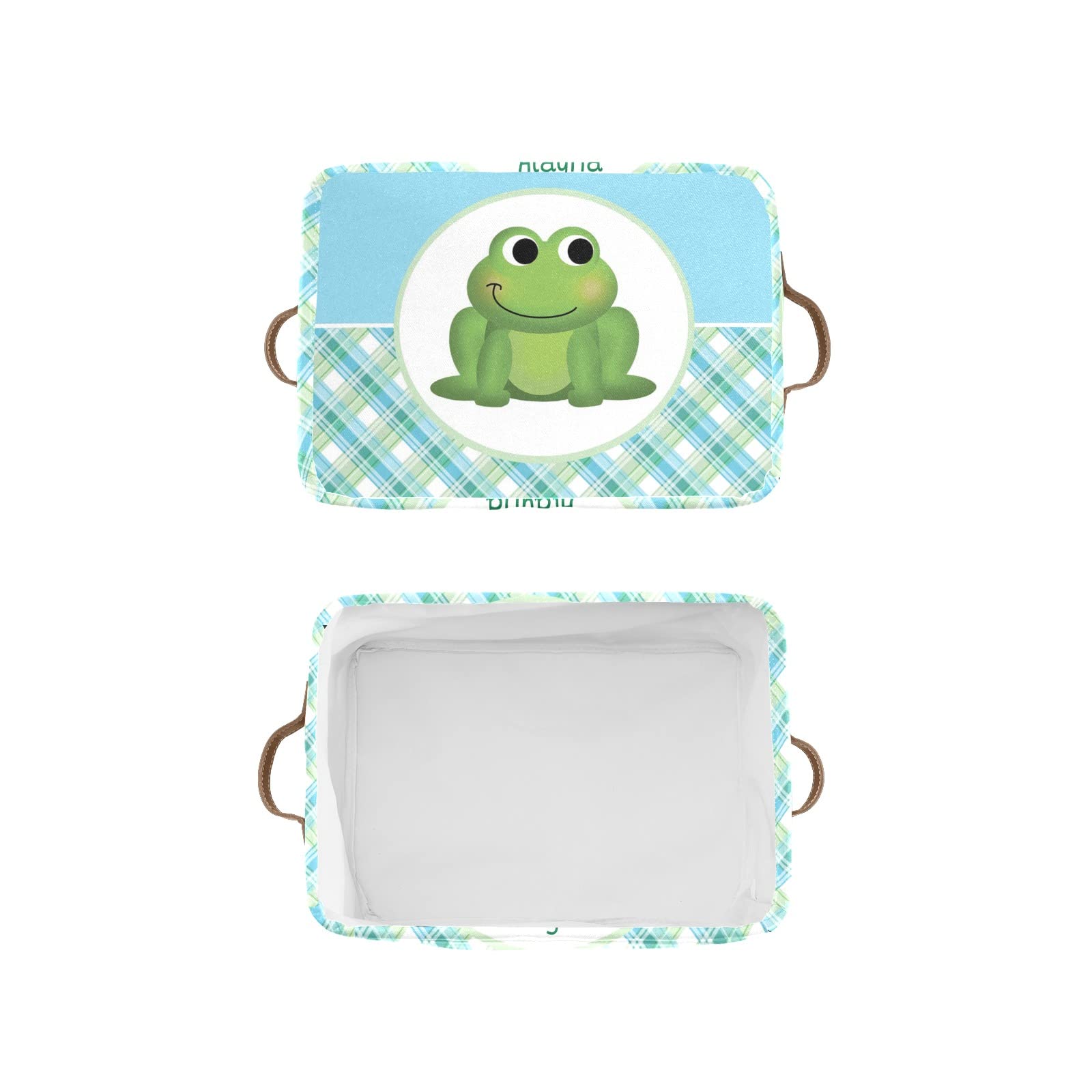 Cute Frog Green and Blue Plaid Personalized Storage Bins,Foldable Baskets Organizer with Handle for Nursery Pet Toy Clothes Box 1 Pack