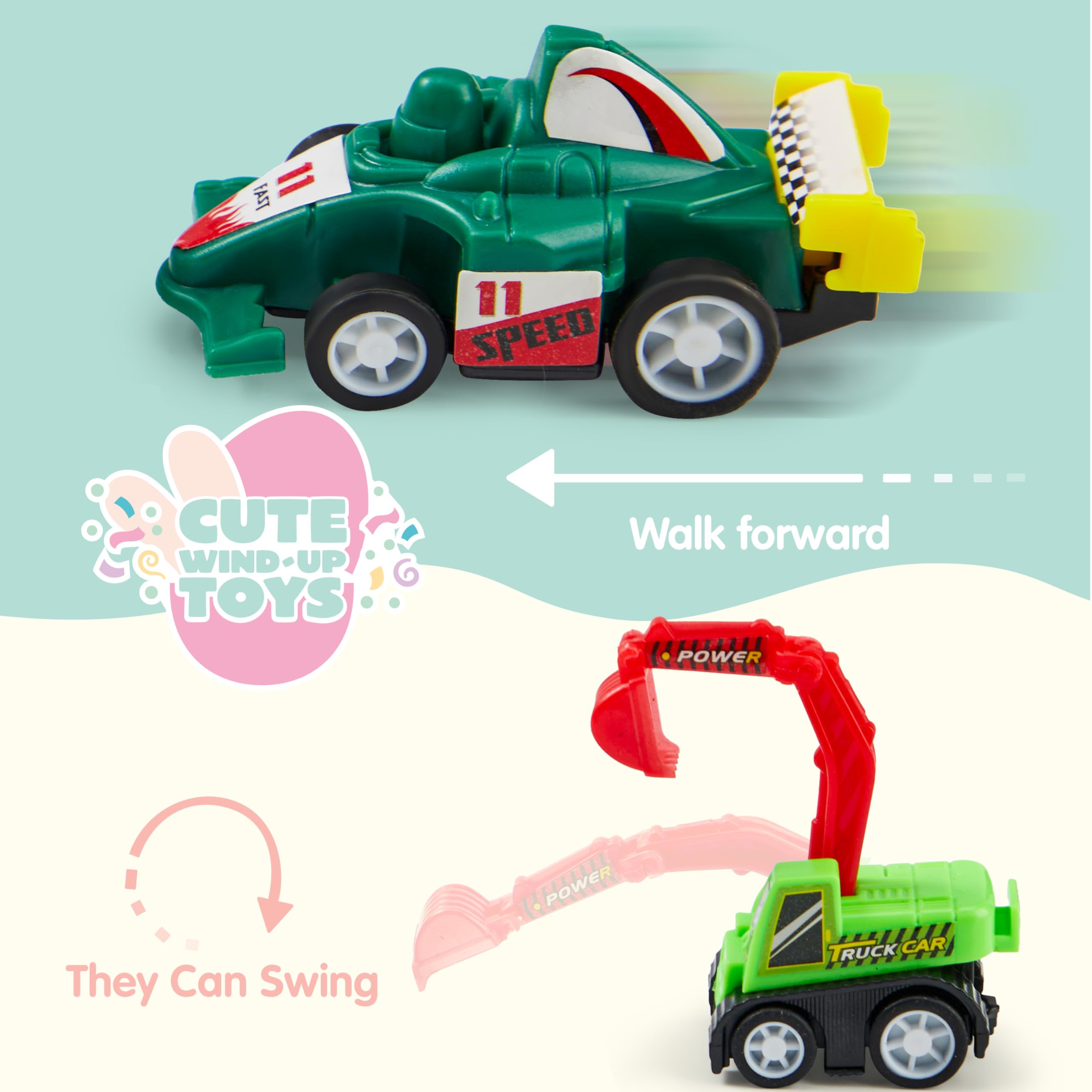 JOYIN 12 Pcs Filled Easter Eggs with Toy Cars, Colorful Prefilled Pull Back Construction Vehicle and Race Car for Kids Boys Hunt, Basket Stuffers, Party Favors
