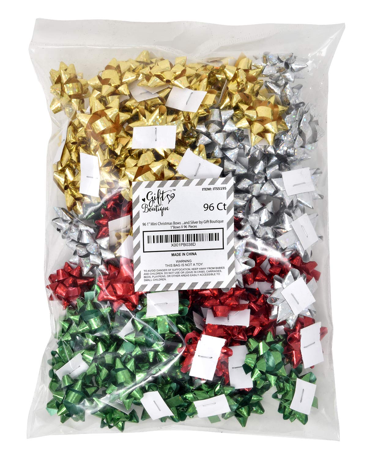 Gift Boutique 96 1" Mini Christmas Bows Self Adhesive for Wrapping Holiday Gifts Presents in Red Green Gold and Silver