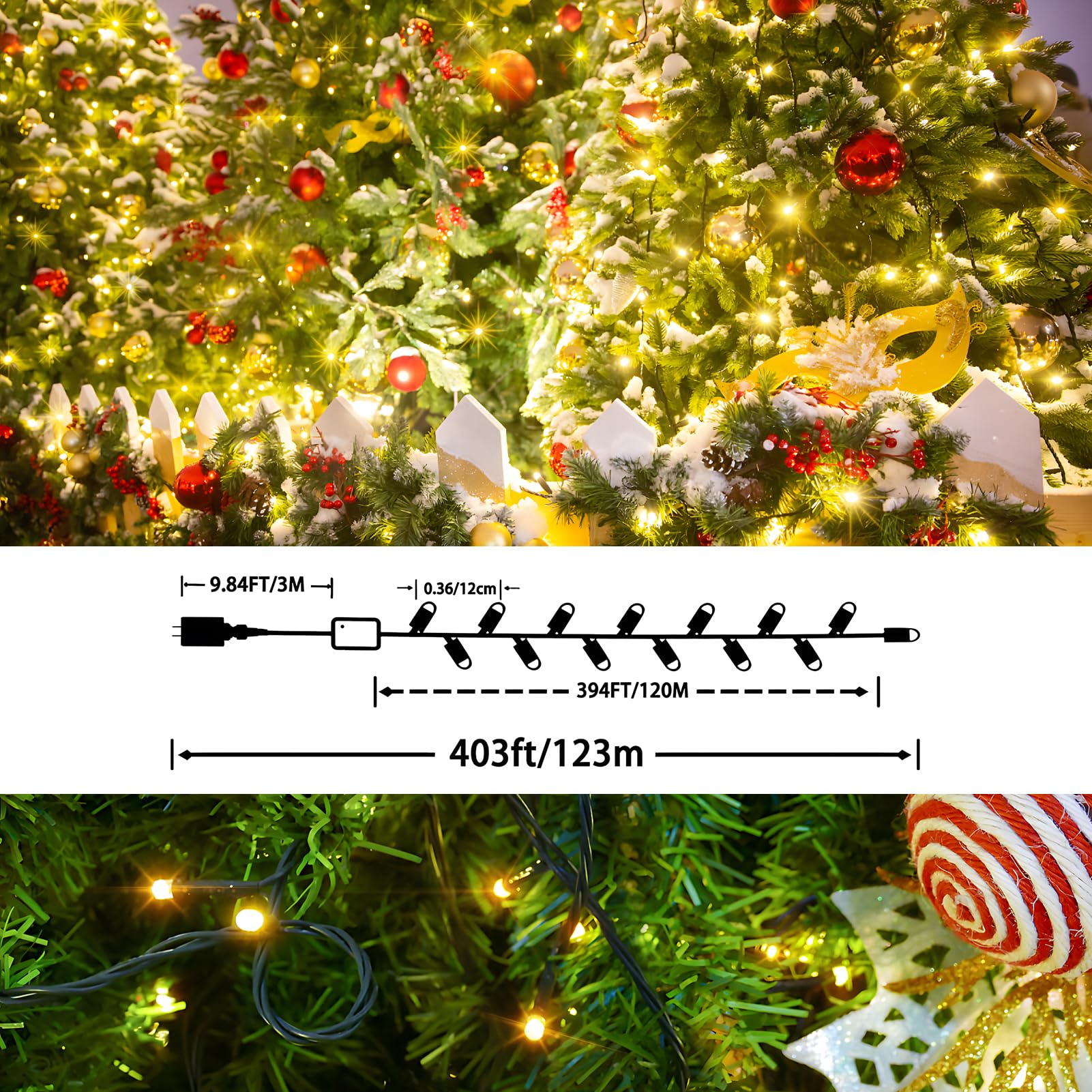 XURISEN 403FT Christmas Lights, 1000 LED Super Long String Lights 8 Modes & Memory Timer Plug in Twinkle Fairy Lights Decor for Home Xmas Party Wedding