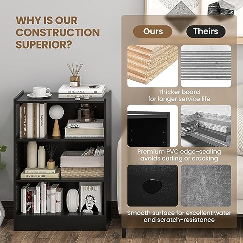 Giantex 3-Cube Bookcase Black - 3-Tier Modern White Open Bookshelf with Adjustable Shelves, Anti-Tipping Device, Small Wood Cube Storage Organizer for Kid’s Room, Living Room, Bedroom