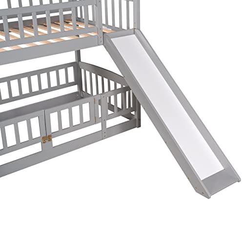 BIADNBZ Twin Over Twin Bunk Bed with Slide, Fence and Ladder, Solid Wood Low Bunkbed Bedframe for Kids Boys Girls Bedroom, Gray