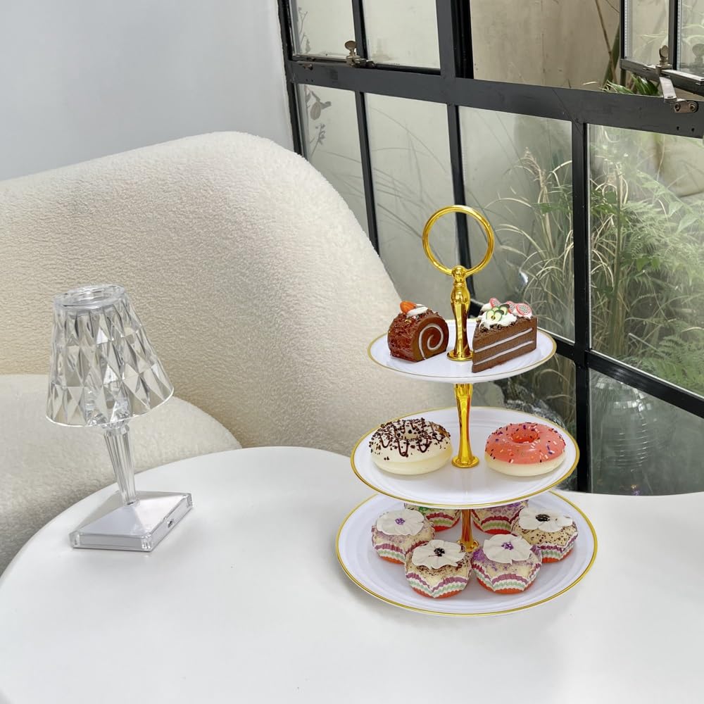 Cupcake Stand, Plastic 3 Tier Cupcake Stand Dessert Plates Cake Fruit Candy Display Tower Reusable Pastry Platter for Wedding Birthday Baby Shower Tea Party Decorations (White - 2 Pack)