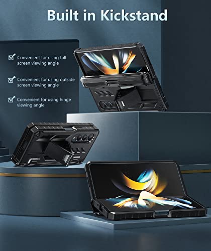FNTCASE for Samsung Galaxy Z-Fold-4 Case: Military Grade Hinge Protection S-Pen Holder & Kickstand Rugged Shockproof 360 Full Protective Phone Cover for ZFold 4 2022 (Black)