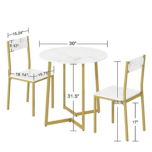 Masupu Small Round Dining Table Set for 2, Wood Marbled Tabletop with Steel Frame, Modern Dinette with Chairs for Kitchen Breakfast Nook Living Room, White and Gold