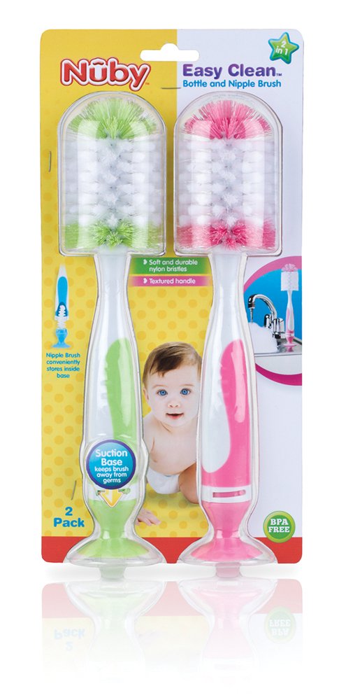 Nuby 2-Pack Easy Clean Bottle Brush with Suction Base, Colors May Vary, 5", 2 Count