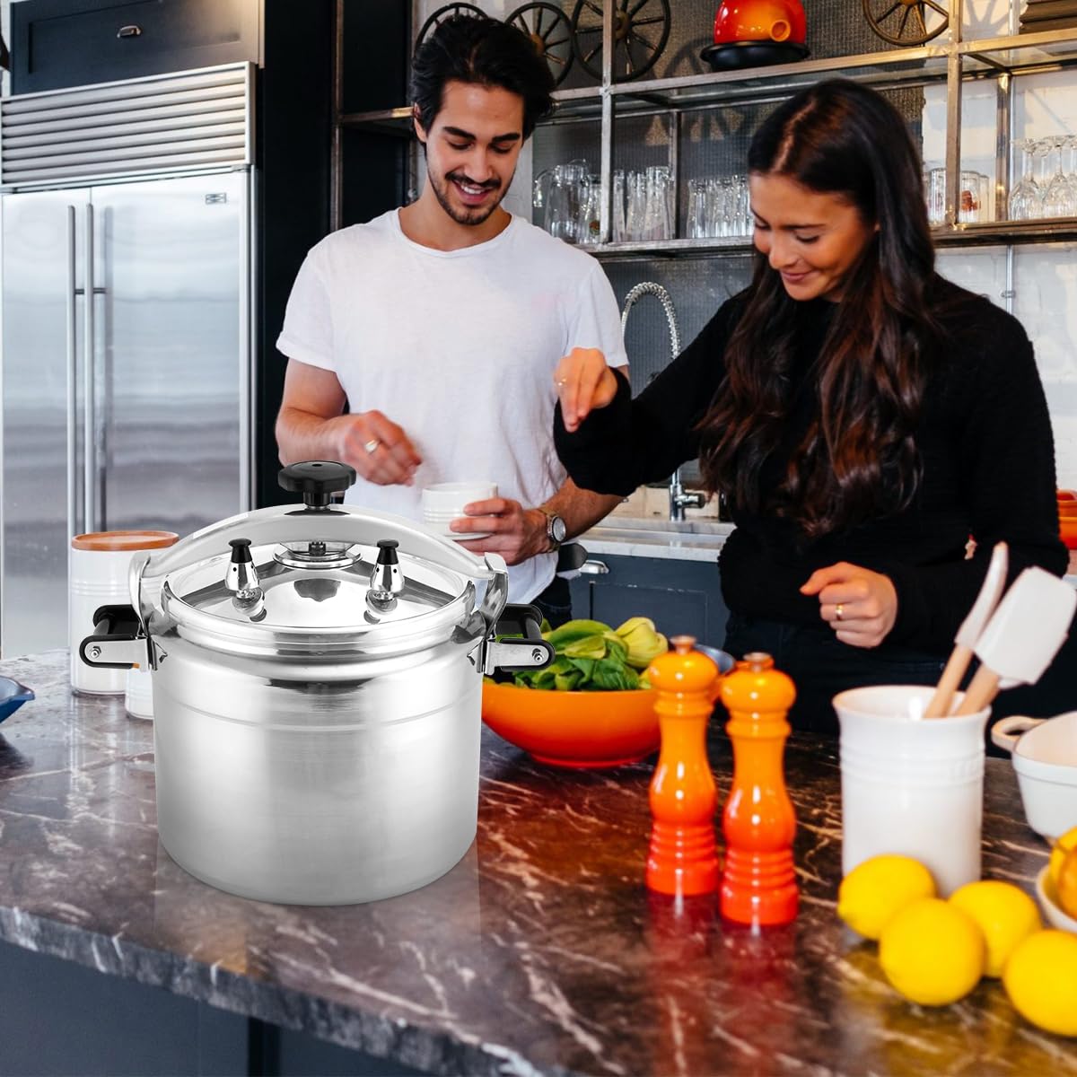 Fulgutonit Clamp On Pressure Cooker, 26 Quart Aluminum Pressure Cooker w/Ultra Safe Clamp Bar Locking System, 2 Valves for Stable High Pressure, for Family or Commercial Use