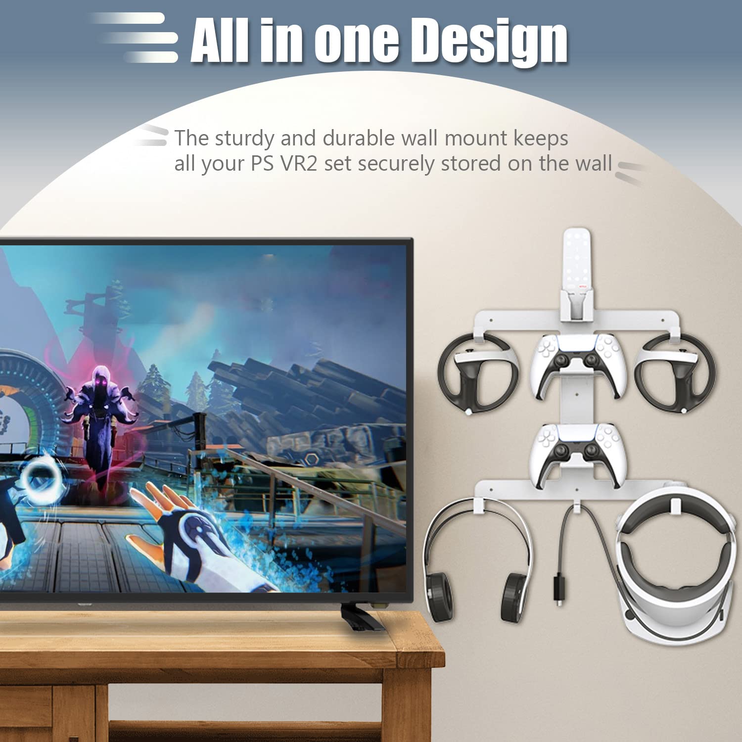 CapzoStone VR Wall Mount Stand for PS5 PS VR2 Set, All in 1 Wall Mount Kit with PS VR 2 Sense Controller and Headset Holder, Compatible with Oculus Quest 2 Accessories