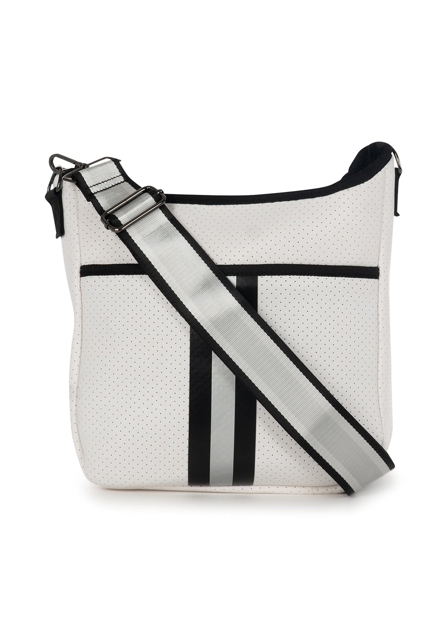 Blake New Midtown Cross Body by Haute Shore White WBlack and Silver Stripe