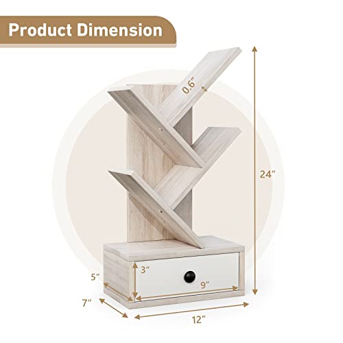 Giantex 5-Tier Tree Bookshelf with Drawer - Freestanding Retro Small Book Storage Rack for Small Place, Kids Room Wooden Decorative Bookcase with Storage for CDs, Magazines, Books, Beige