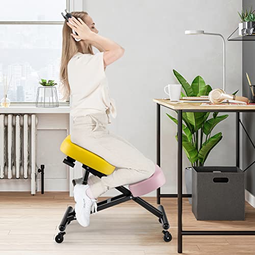 Giantex Height Adjustable Kneeling Chair - Seat Height from 20.5β to 26.5β, Adjustable Stool with Smooth Wheels, Foam Padded Cushions, Ergonomic Kneeling Chair for Office, Home, Yellow/Pink