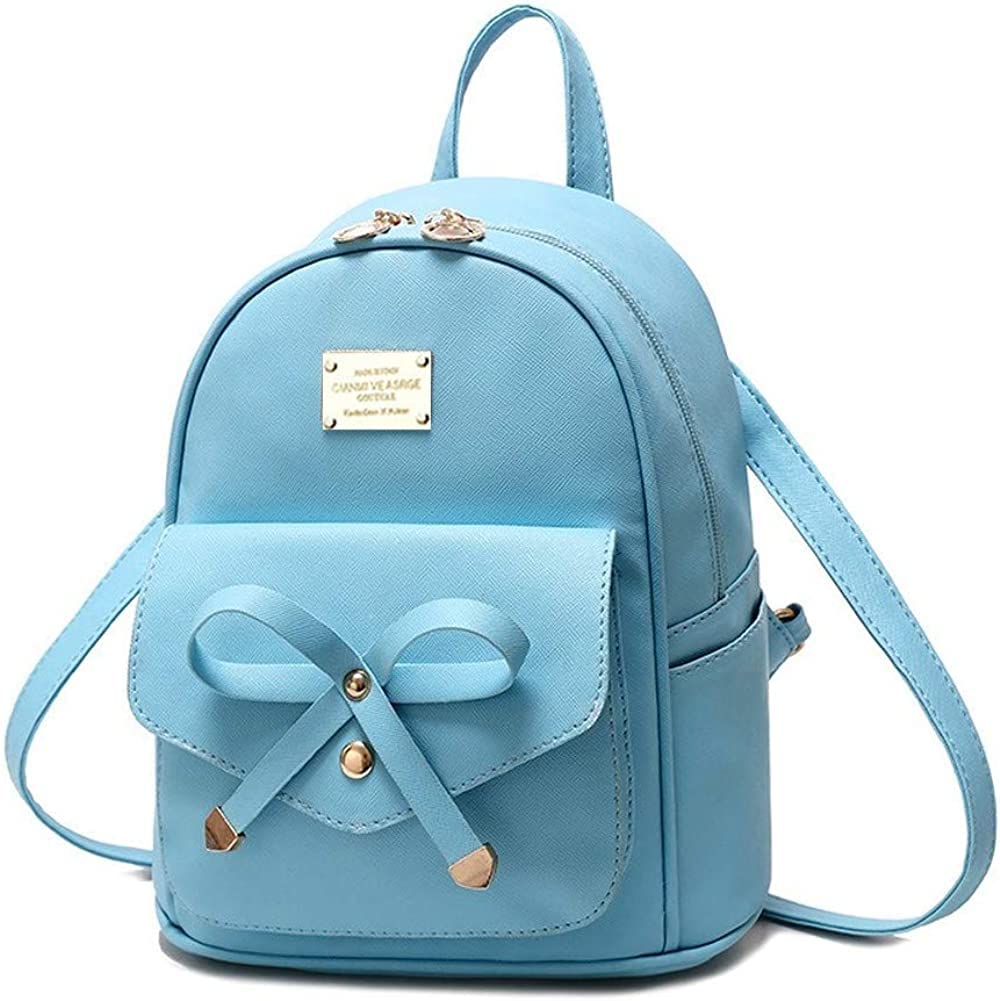 Bowknot Cute Mini Leather Backpacks Purses Small Daypacks Shoulder Bag Schoolbag for Womens Sky Blue
