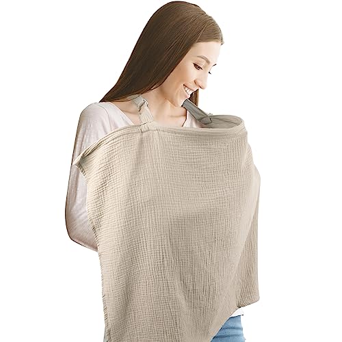 Muslin Nursing Cover for Baby Breastfeeding, Breathable Privacy Nursing Cover with Arch Neckline for Mom, Organic Cotton Multi-use Nursing Apron (Wheat)