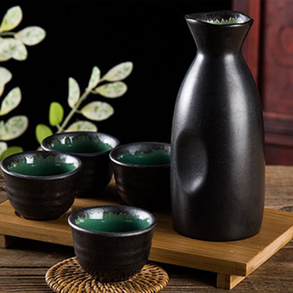 CoreLife Sake Set, Traditional 5 pcs Porcelain Ceramic Japanese Sake Sets with Sake Serving Bottle and 4 Sake Cups - Turquoise Black