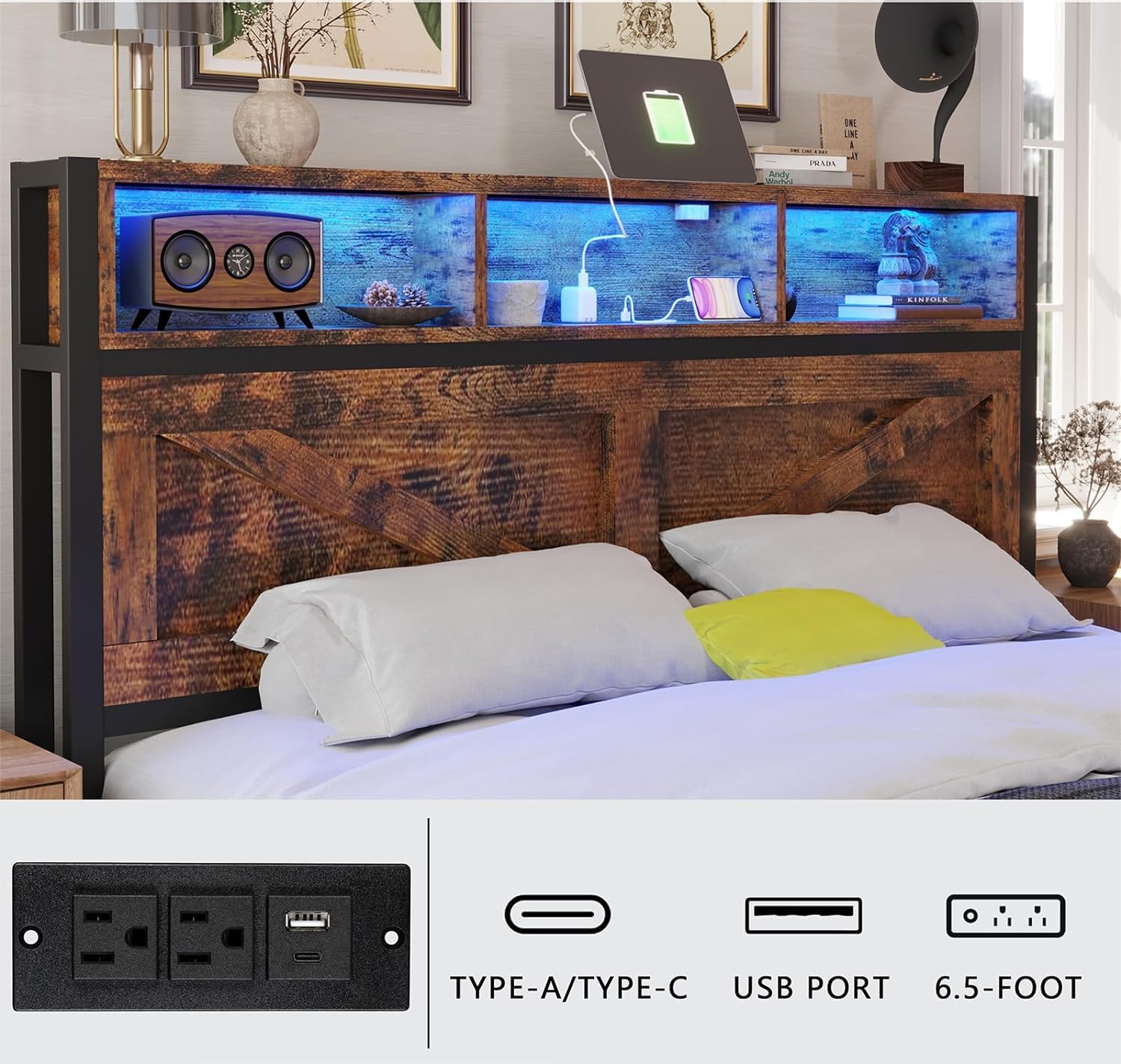 Farmhouse Queen Bed Frame with Bookcase Headboard and Storage Drawers, Charging Station and RGB LED Lights, No Box Spring Needed, Noise Free, Vintage Brown