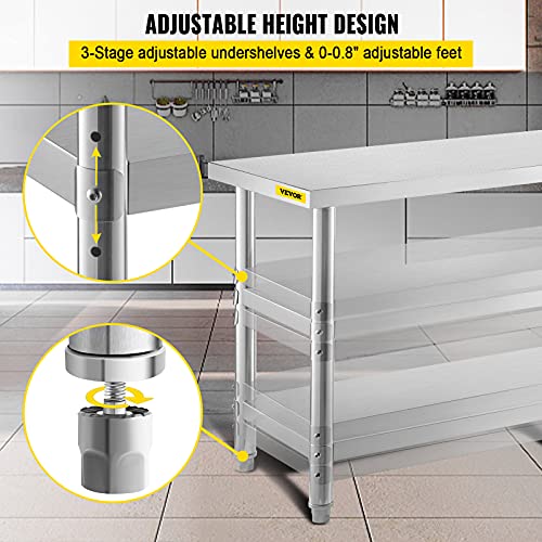 VEVOR Outdoor Food Prep Table, 48x14x33 in Commercial Stainless Steel Table, 2 Adjustable Undershelf BBQ Prep Table, Heavy Duty Kitchen Work Table, for Garage, Home, Warehouse, and Kitchen Silver
