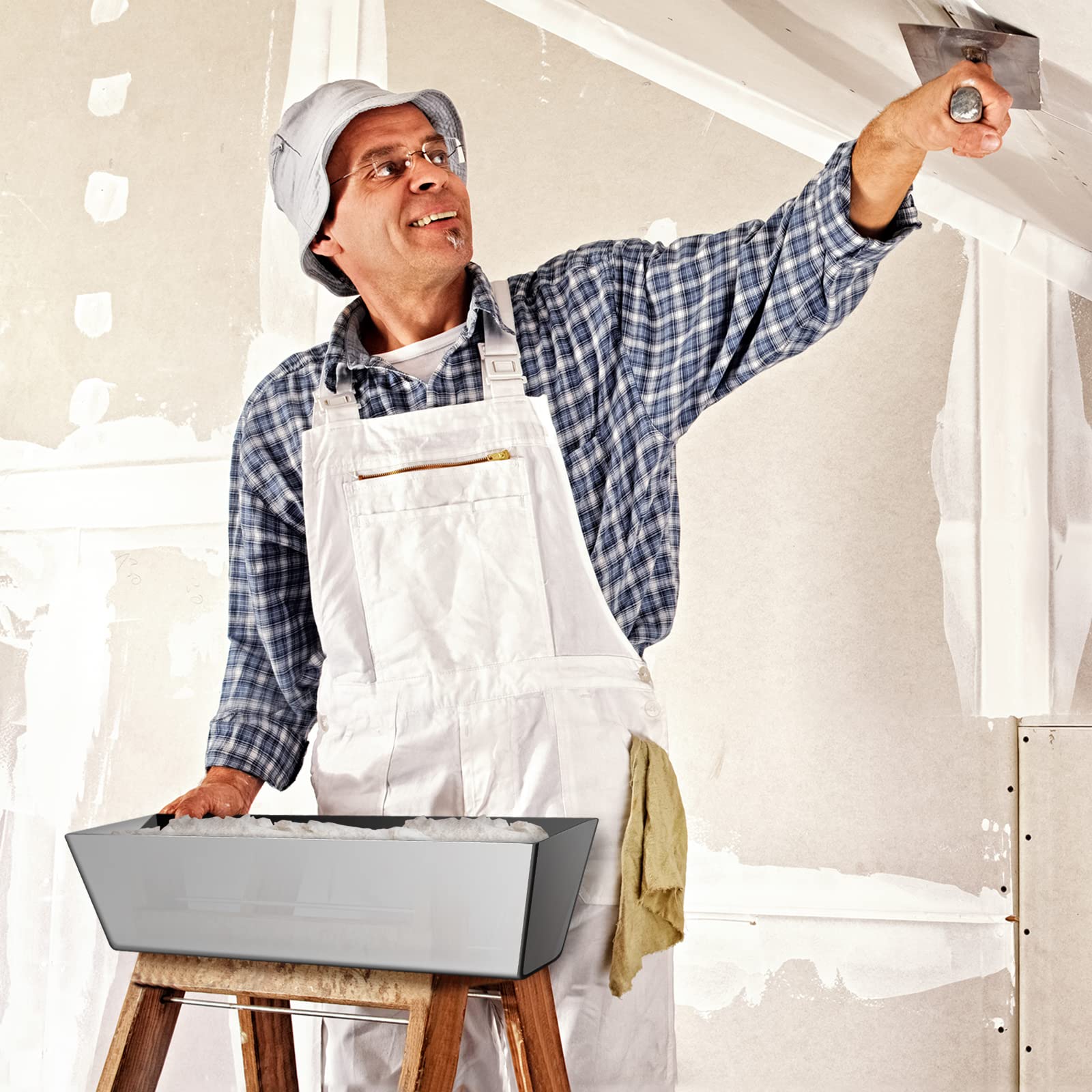 Drywall Pan Mud, 12” Stainless Steel Watertight Reinforced Mud Pan, Tapered Sides, Drywall Tool Tray Bucket