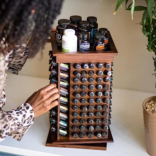 Oil Life - Premium Rotating Wooden Essential Oil Rack with Drawer | Aromatherapy Storage Solution for 182 Bottles | Display Holder for All 15ml Essential Oil Brands (Bottom Drawer Included)